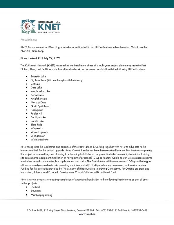 KNET Announcement for KNet Upgrade to Increase Bandwidth for 18 First Nations in Northwestern ...